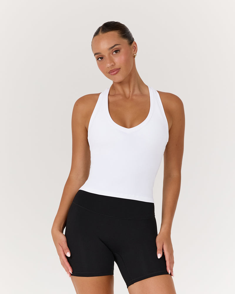 LUXE V NECK MIDRIFF TANK - WHITE – MUSCLE REPUBLIC