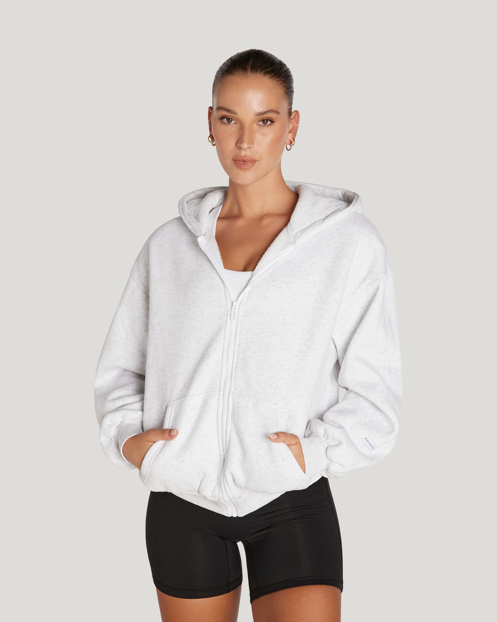 OVERSIZED ZIP UP HOODIE - SNOW GREY – MUSCLE REPUBLIC