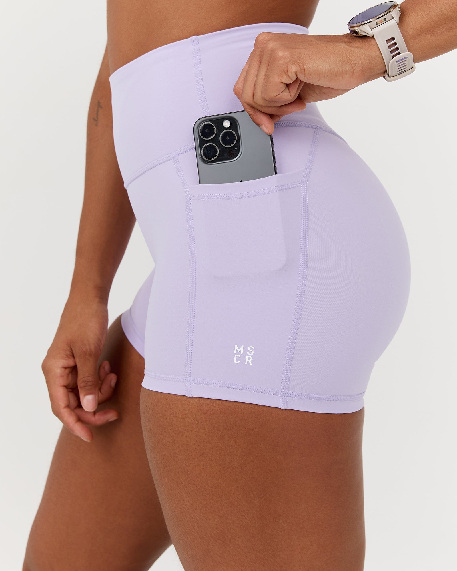 SCULPT POCKET MINI SHORTS - LILAC HAZE – MUSCLE REPUBLIC